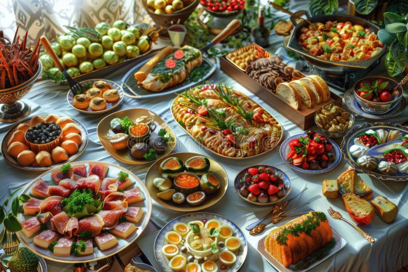 Table Filled with Diverse Cuisine, Perfect for Editorial Use Stock ...