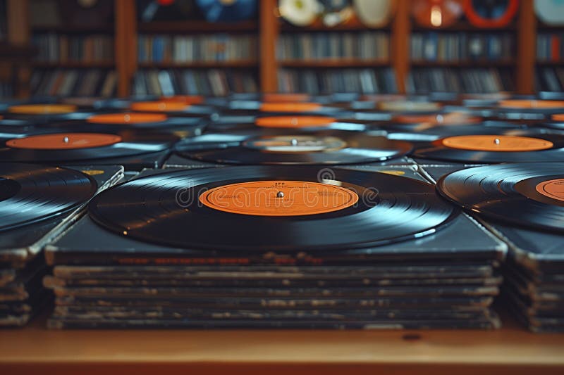 A Table Filled with Numerous Black and Orange Vinyl Records Stock Photo ...