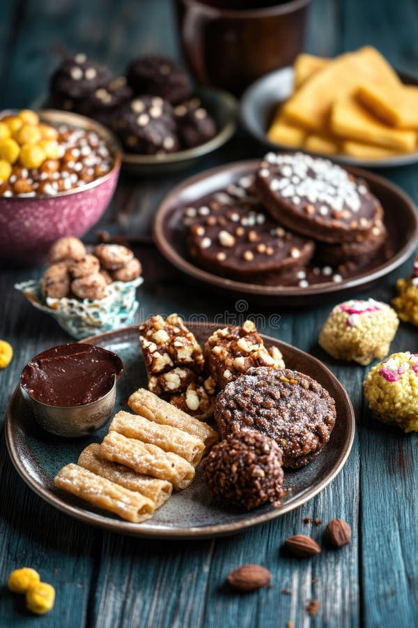A Table Filled with Plates of Cookies and Crackers Stock Photo - Image ...