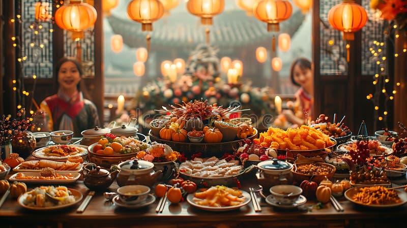 A Table Filled with Traditional Lunar New Year Stock Illustration ...