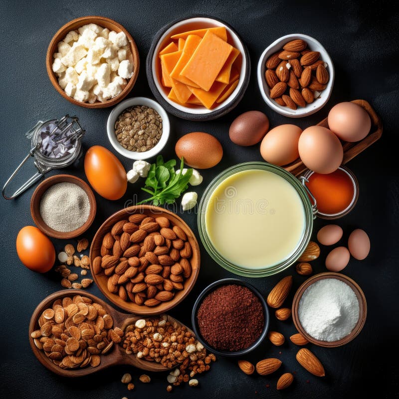 Table Filled with Various Food Items, Including Eggs, Milk, Cheese, and ...