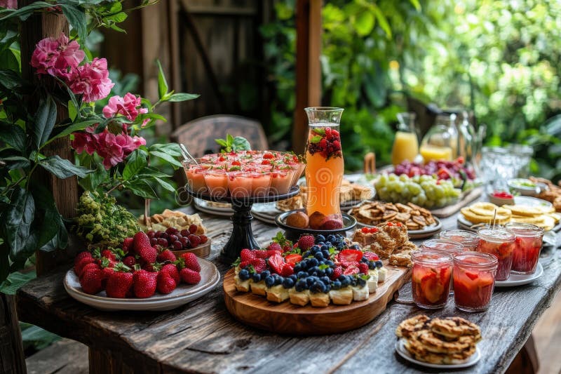 A Table is Filled with Various Plates of Food and Drinks for a ...