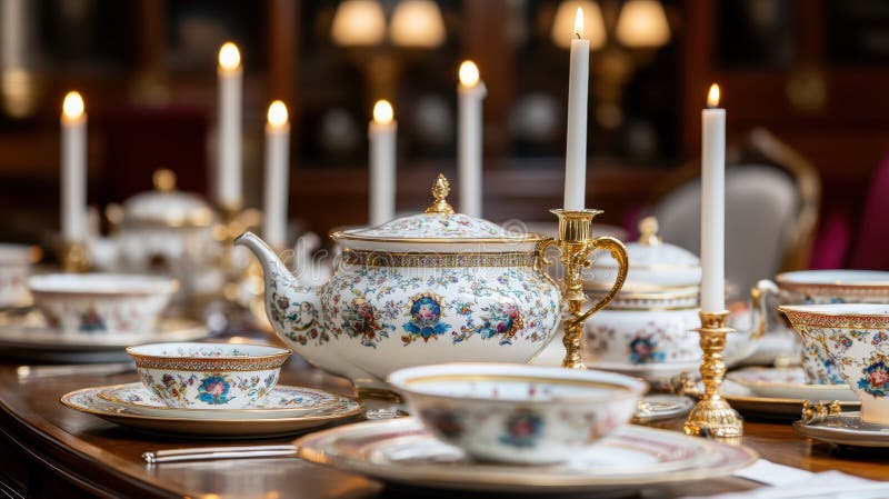 A Table is Filled with Various Tea Pots and Cups Ready for Tea Time ...