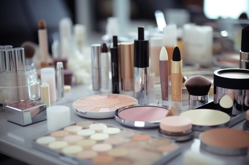 Makeup display on a table stock image. Image of supply - 374975113