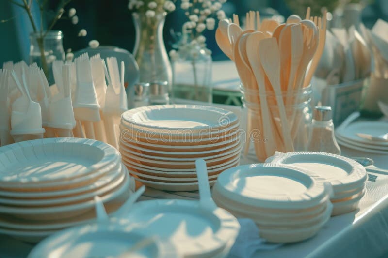 A Table Filled with White Plates and Utensils. Perfect for Restaurant ...