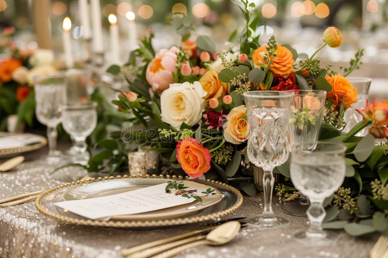 A Table with a Floral Centerpiece and a Menu Stock Photo - Image of ...