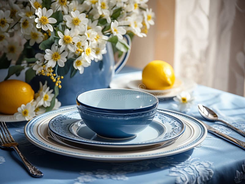 Table with Flower Vase and Set of White-blue Ceramic Plates Ready for ...