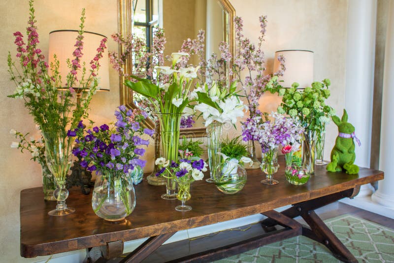 Table of Spring Flowers in Vases Stock Photo - Image of bellflowers ...