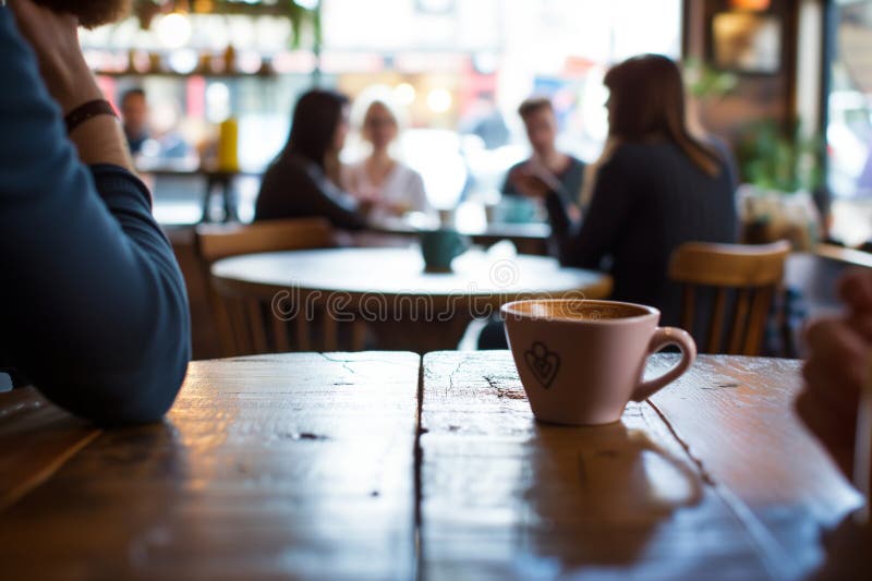 Table in Focus, Patrons Chatting in Soft Focus Cafe Setting Stock Photo ...