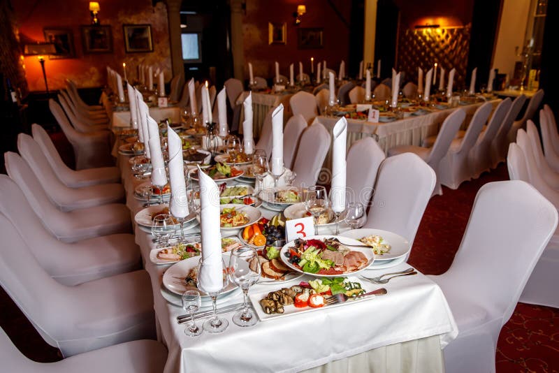 Table with Food before the Banquet. Ready for Guests Hall Stock Image ...