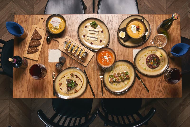 Table with food, top view stock photo. Image of restaurant - 121007696