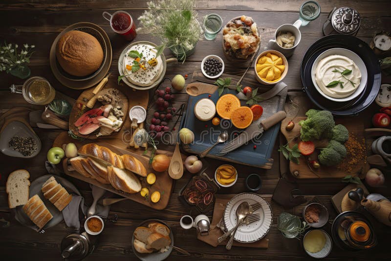 Table with food, top view stock illustration. Illustration of spice ...