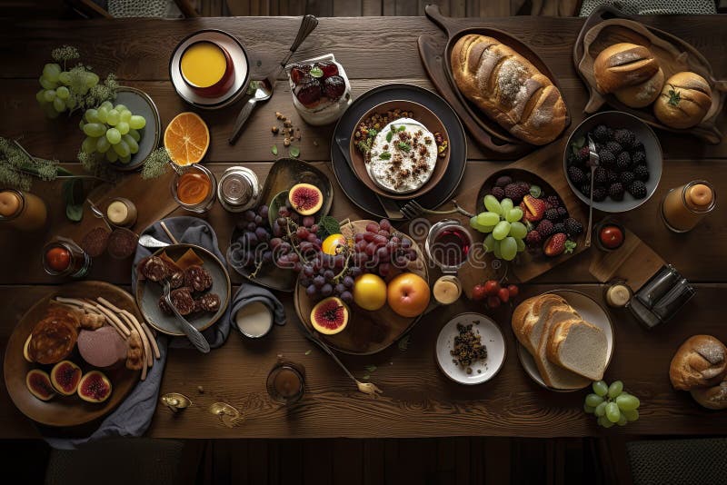 Table with food, top view stock illustration. Illustration of spice ...