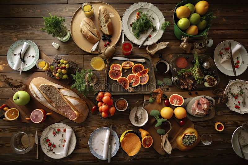 Table with food, top view stock illustration. Illustration of wood ...