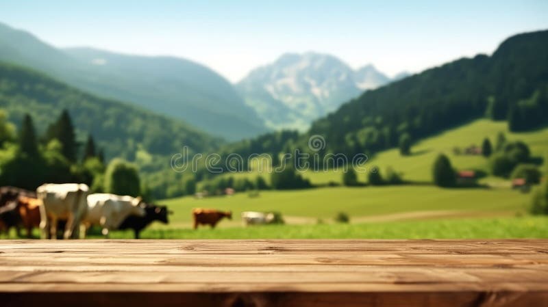 Table Foreground with Alpine Meadow and Cows with Mountain Backdrop ...