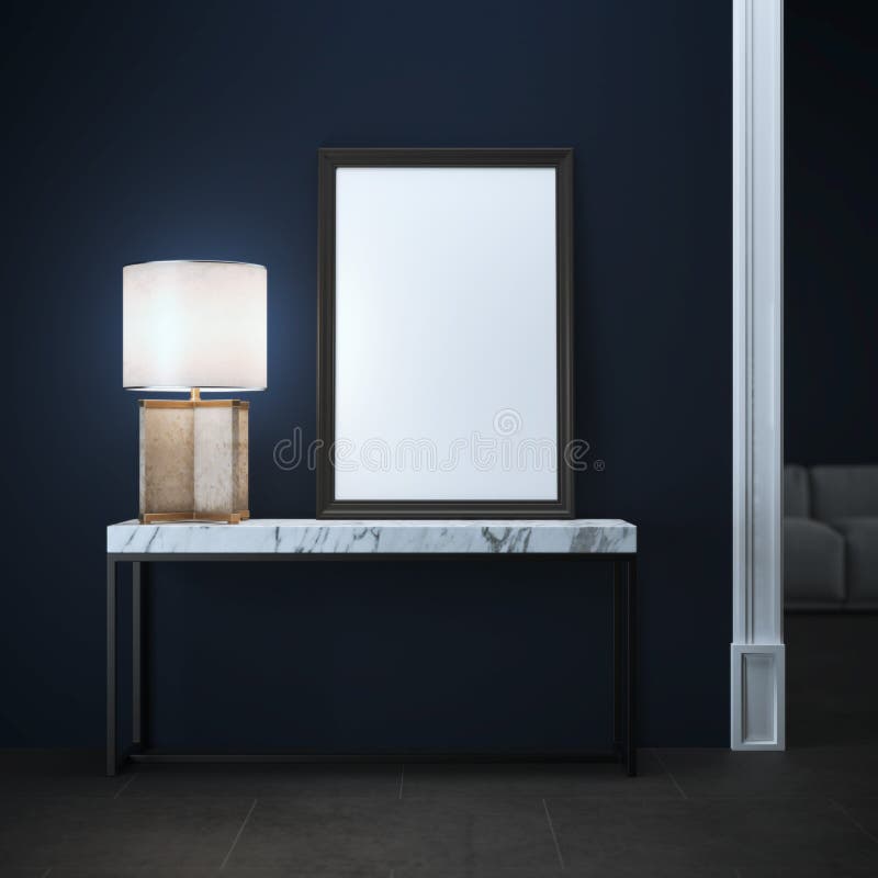 Table with Frame and Lamp. 3d Rendering Stock Photo - Image of interior ...