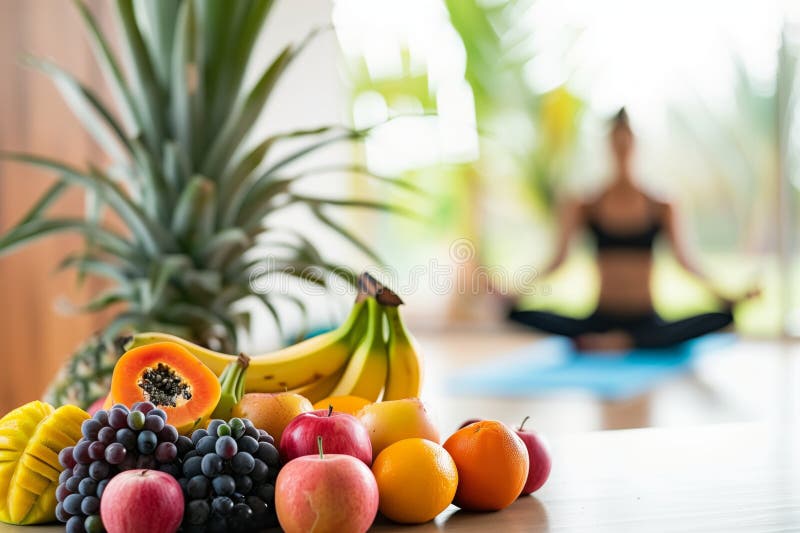 Table with Fresh Fruits, Yoga Practitioner in the Background Stock ...