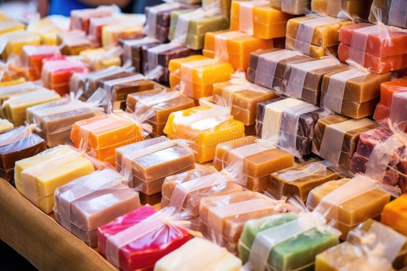 A Table Full of Artisanal Soaps Wrapped in Paper Stock Photo - Image of ...