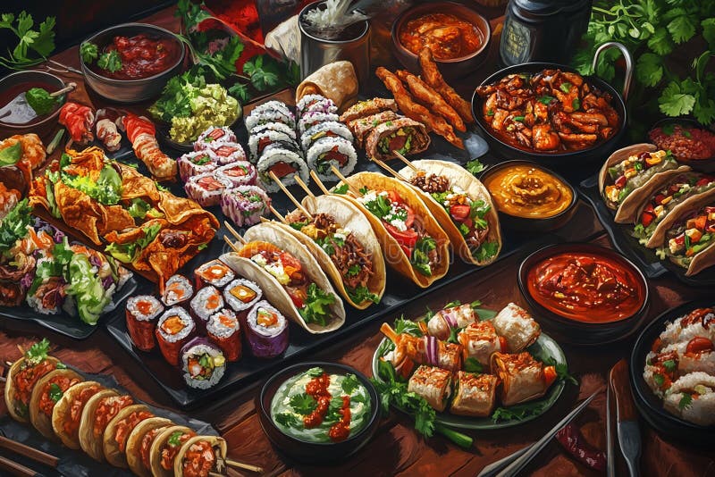 Table Full of Assorted Street Food Items Including Stock Illustration ...