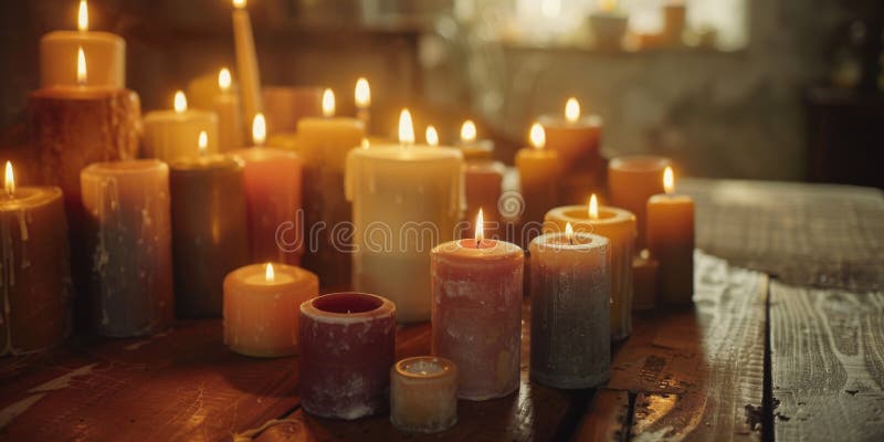 A Table Full of Candles with Many Different Colors and Sizes Stock ...
