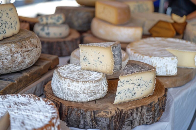 A Table Full of Cheese with a Piece of Cheese on Top of a Log Stock ...