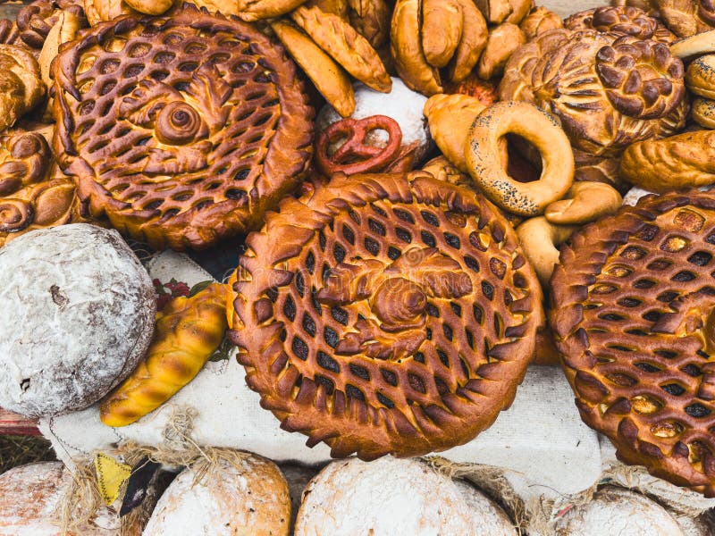 Table Full Different Types Bread Pastries Breads Various Shapes Sizes ...