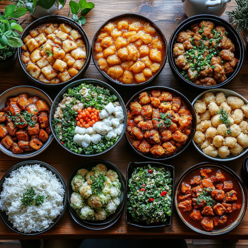 Table Full of Different Types of Food, Including Rice, Potatoes, and ...