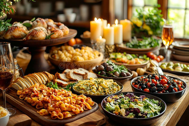 A Table Full of Different Types of Food on a Wooden Table Stock Photo ...