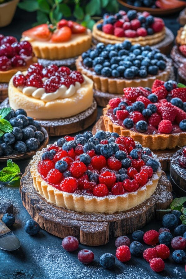 Table Full of Different Types of Fruit Tarts with Blueberries and ...