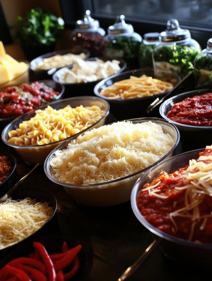 A Table Full of Different Types of Pasta and Sauces Stock Illustration ...