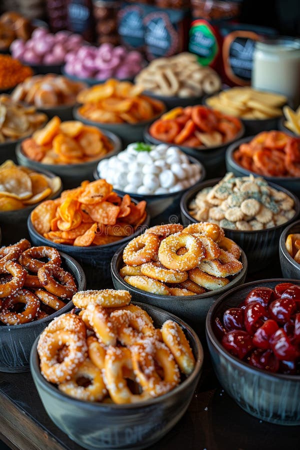A Table Full of Different Types of Snacks and Treats Stock Photo ...