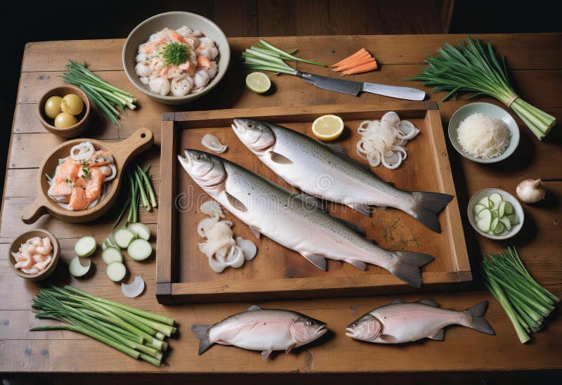 A Table Full of Fish on a Table with Onions and Green Onions Stock ...