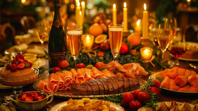 A Table Full of Food and Drinks on a Table with Candles Stock Photo ...