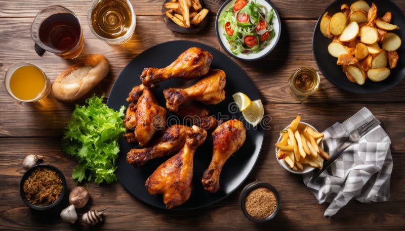 A Table Full of Food Including Chicken, Fries, and Salad Stock ...