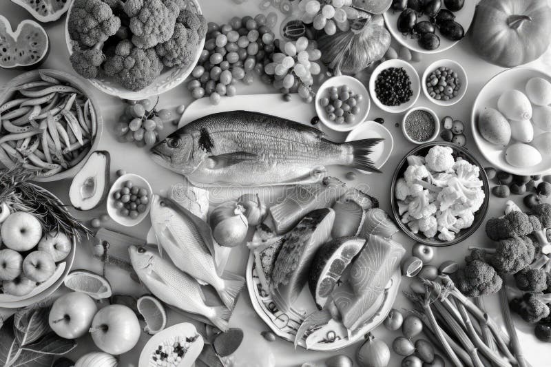 Table Full of Food Including Fish, Vegetables, and Fruit Stock Photo ...