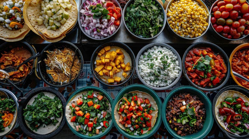 A Table Full of Food with Many Different Types of Food in Bowls. Stock ...