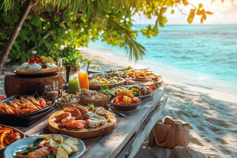 A Table Full of Food is Set Up on a Beach Picture Stock Photo - Image ...