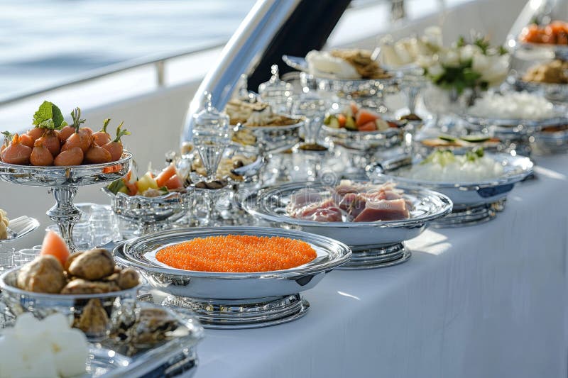 A Table Full of Food with a Silver Platter and a White Quality. Stock ...