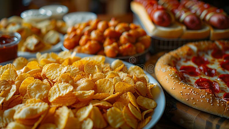 A Table Full of Food and Snacks Stock Image - Image of pepperoni ...