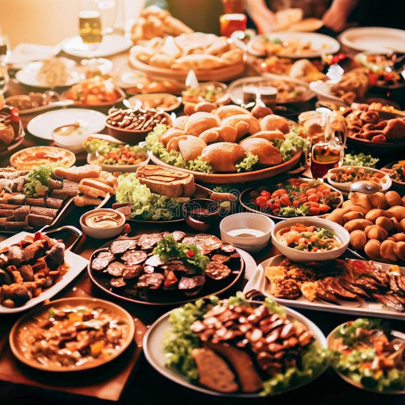 Table full of food stock illustration. Illustration of friends - 283192635