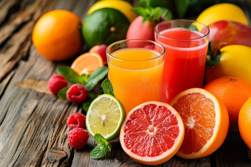 Table Full of Fruit and Two Glasses of Juice Stock Photo - Image of ...