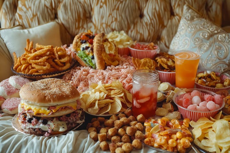 A Table Full of Junk Food on a Couch. Generative AI Stock Illustration ...