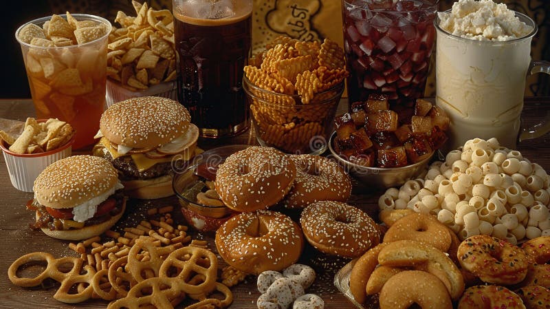 A Table Full of Junk Food stock illustration. Illustration of snacks ...