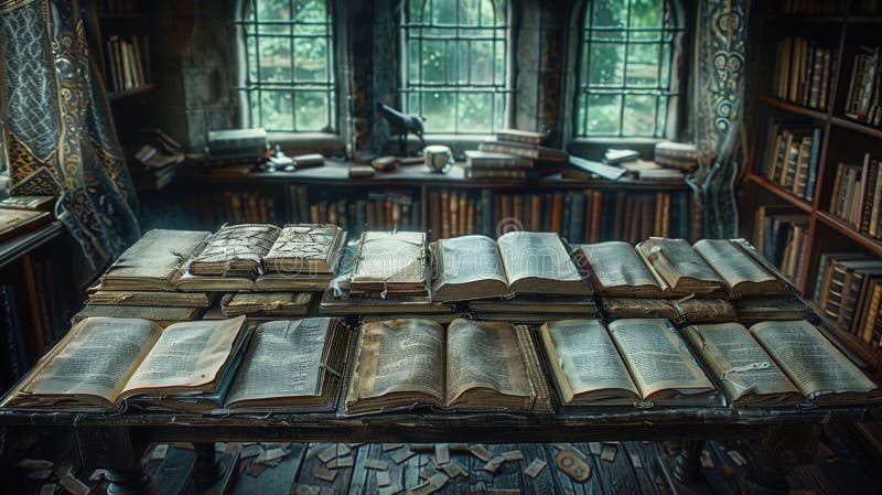 A Table Full of Old Books with a Dark Mood Stock Image - Image of retro ...