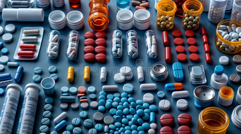 A Table Full of Pills and Tablets of Various Colors and Shapes Stock ...