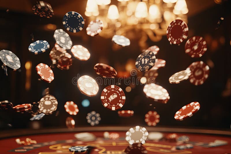 A Table Full of Red Chips is Being Tossed into the Air. Quality Stock ...