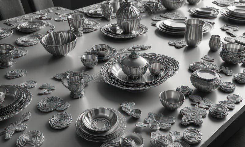 A Table Full of Silverware and Dishes is Shown in a Black and White ...