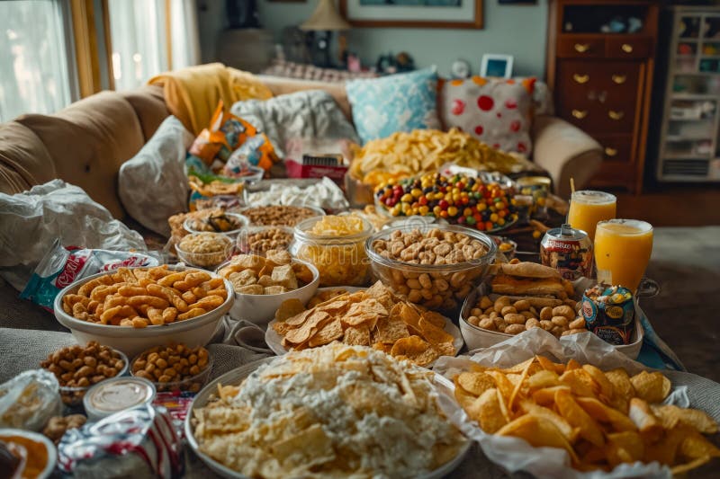 A Table Full of Snacks and Drinks on a Couch. Generative AI Stock Photo ...