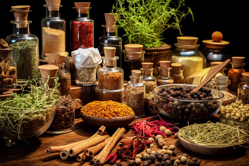 A Table Full of Spices and Herbs, Including Cinnamon, Cumin, and Pepper ...