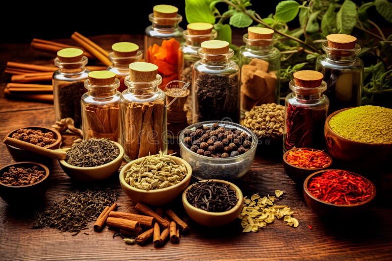 A Table Full of Spices and Herbs, Including Cinnamon, Cumin, and Pepper ...